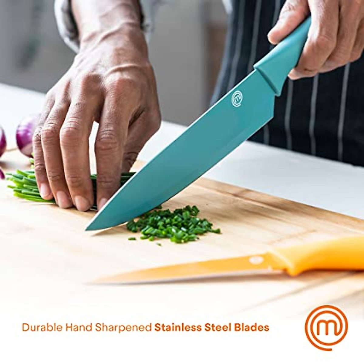 MasterChef Kitchen Knives Set with Covers incl. Paring, Boning, Carving, Bread, Santoku & Chef Knife, Sharp Cutting Stainless Steel Blades with Sheaths, 12 Piece (6 Colored Knives & 6 Covers)