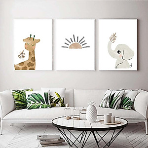 Boho Cartoon Animal Kids Room Decor, Cute Giraffe Elephant Sun Canvas Nursery Wall Art for Baby Girls & Boys Playroom Bathroom Bedroom