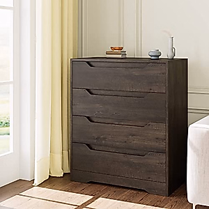 HOSTACK Modern 4 Drawer Dresser, Chest of Drawers with Storage, Wood Clothing Organizer with Cut-Out Handles, Accent Storage Cabinet for Living Room, Bedroom, Hallway, Dark Brown