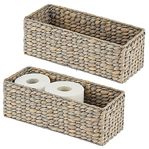 mDesign Woven Hyacinth Narrow Bathroom Toilet Roll Holder Storage Organizer Basket Bin - Rectangle Containers for Bathroom, Toilet Tank - Hold 3 Rolls of Toilet Paper - 2 Pack - Gray