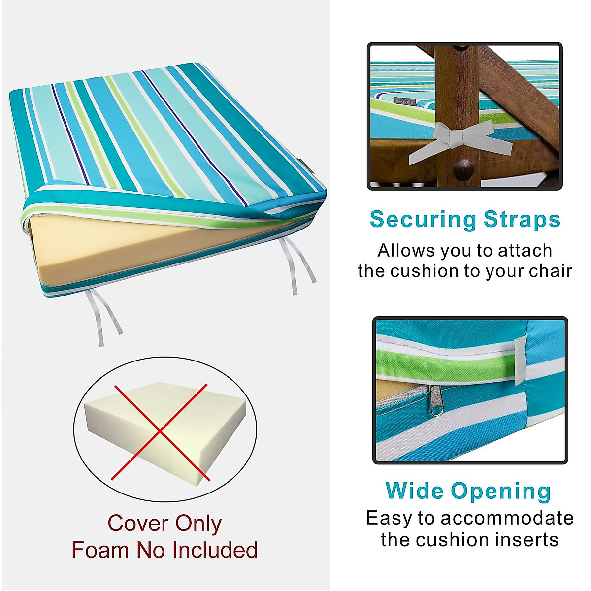 NettyPro Outdoor Cushion Slipcovers Waterproof 20 x 18 inch Patio Furniture Chair Seat Cushion Covers with Zipper and Tie, Replacement Cover Only, Stripes Turquoise