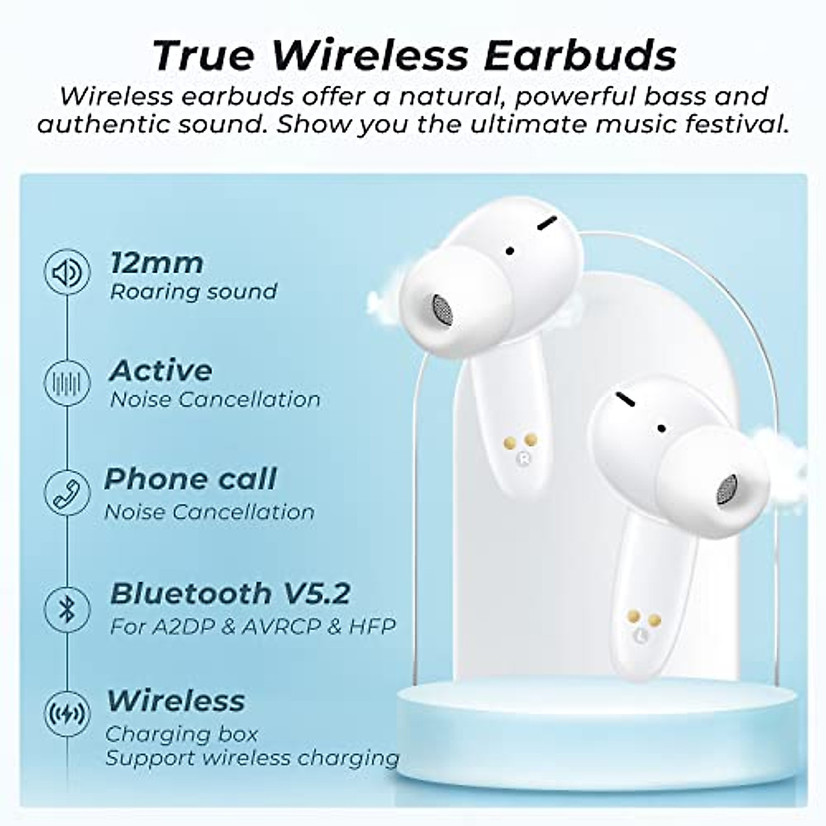 QEZEZA Wireless Earbuds, Active Noise Cancelling Earbuds Bluetooth Earbuds 5.2 with 4-Mics, Stereo in-Ear Headphones with Wireless Charging Case for iPhone, Android
