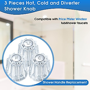 Enhon Shower Faucet Handle Replacement, Compatible with Price Pfister Windsor Tub and Shower Faucets, 3 Pieces Hot Cold and Diverter Shower Knob Replacement, Clear Acrylic