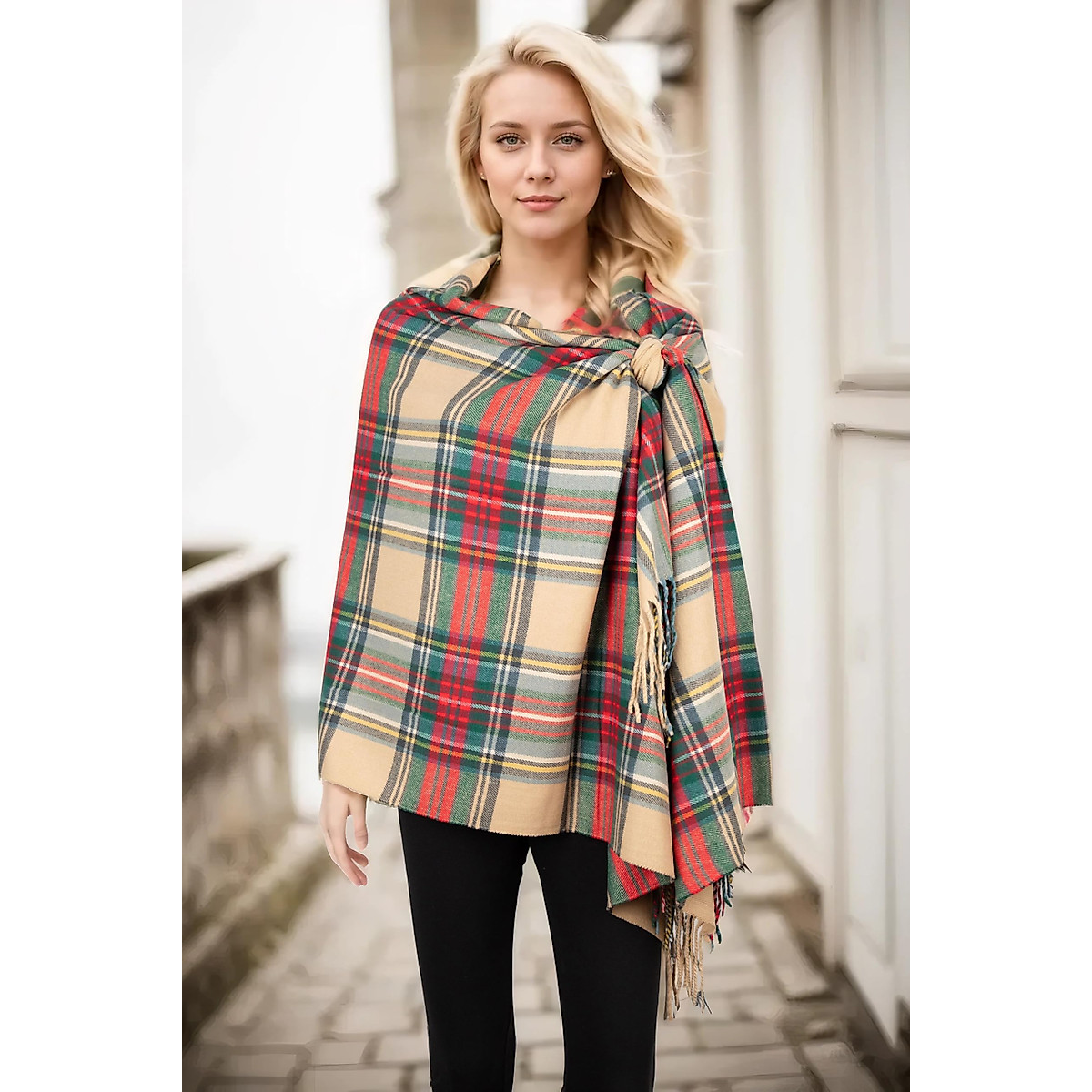 Achillea Long & Wide Scottish Tartan Plaid Large Cashmere Feel Blanket Scarf Check Shawl Wrap 80" x 29" (Khaki Tartan)