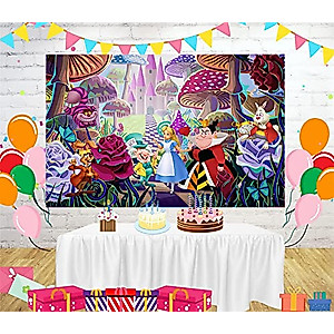 The Fantasy World of Alice Backdrop, 5 x 3 ft Alice in Wonderland Theme Banner Supplies, Tea Party Baby Shower Background for Birthday Party Cake Table Decoration