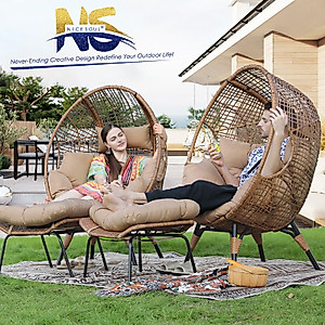 NICESOUL® 2 Person Indoor Outdoor Stationary Wicker Egg Chair Oversized Thicken Cushions Double Egg Seat 440lbs Egg Basket Lounge Chair with Ottomans, Boho Rattan Chair for Patio Brown