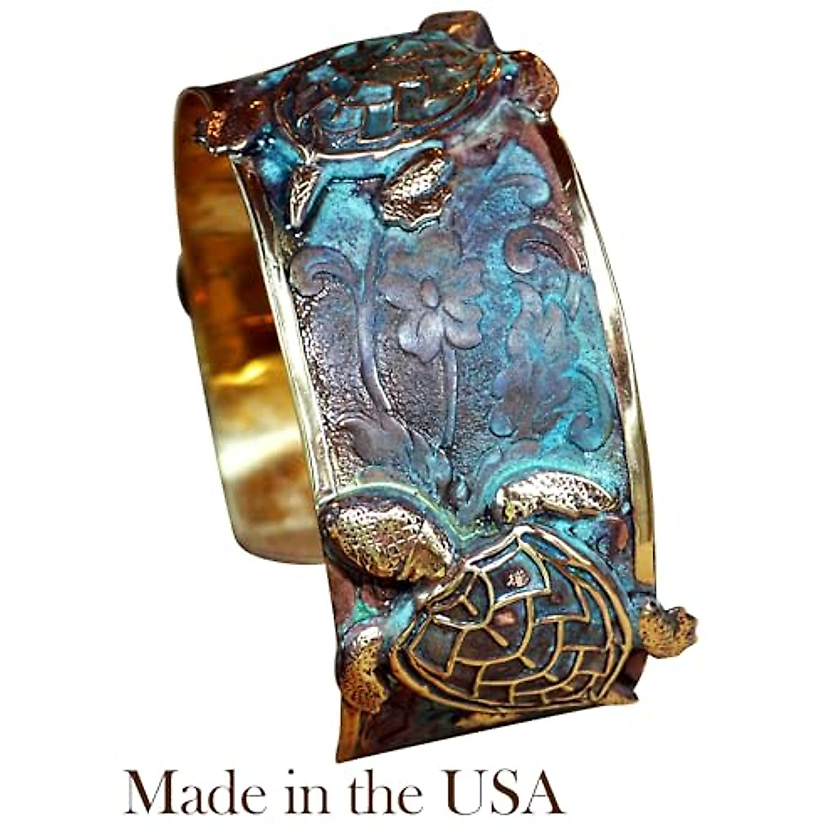 Elaine Coyne Jewelry | Sea Turtle Bracelet for Women, Adjustable Brass Cuff Bracelet for Women, Artisan Classic Jewelry Turtle Cuff/Arm Cuff Made of Verdigris Patina Brass | Elaine Coyne Cuff Bracelet