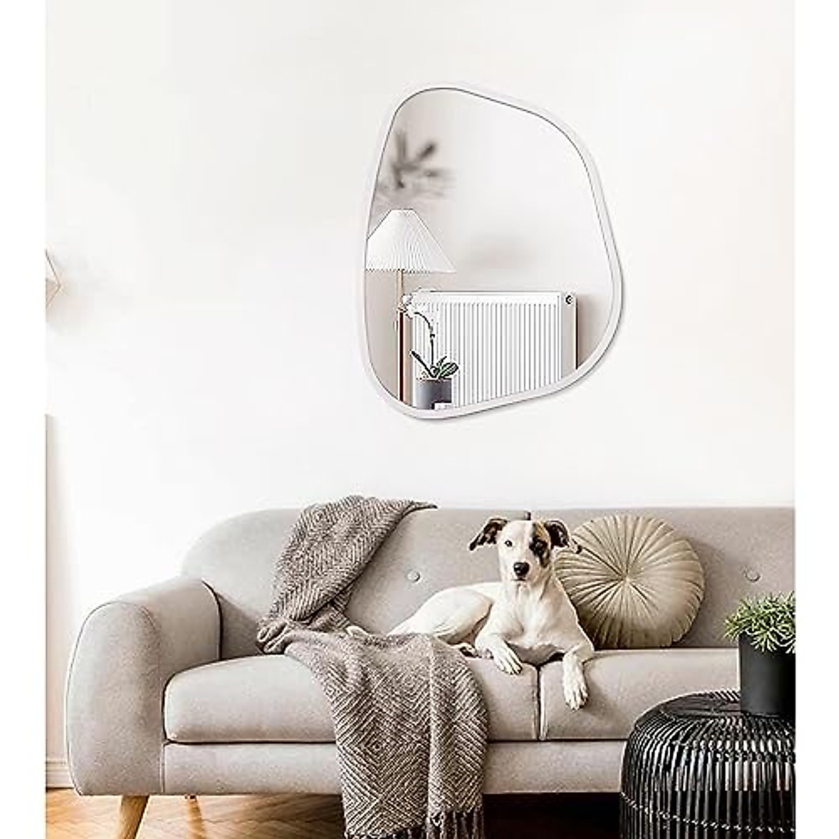 Irregular Oval Wall Mirror Large White 20"x16" Inches Asymmetrical Mirror Modern Wood Frame Unique Shape Wall Mounted Vanity Artistic Mirror Decor for Living Room Bedroom Bathroom Entryway Hallway