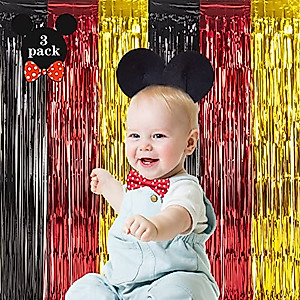 LOLStar 3 Pack Mickey Birthday Party Supplies, 3.3x6.6 ft Black Red Gold Tinsel Foil Fringe Curtains, Cartoon Mouse Photo Booth Prop Streamer Backdrop, Mickey Birthday Party Decoration for Boys Babies