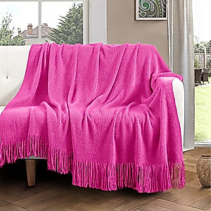 Vonty Hot Pink Knitted Blanket with Tassels Fringe 50" x 60", Super Soft Knit Throw Blanket, Farmhouse Decorative Lightweight Blanket for Couch, Sofa, Bed