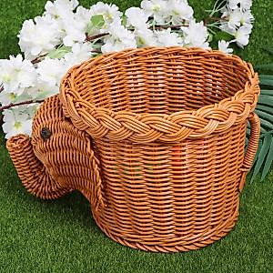 STOBAZA Elephant Rattan Storage Basket Woven Wicker Bin Hand Woven Shelf Organizer Cute Handmade Nursery Gift Animal Artwork Decoration for Vegetable Food Snack Storage Brown 20X20CM