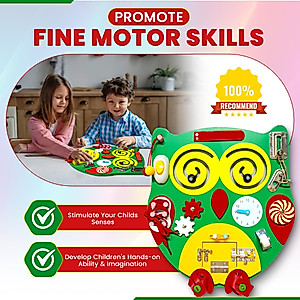 SENSORY4U Owl Sensory Wooden Activity Busy Board - Wood Montessori Experience - Quiet Play Latches Tying Spinning Buttoning