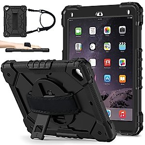Nitupai Case for iPad 6th Generation Cases iPad 5th Generation Case iPad Pro 9.7 Case,Hybrid Shockproof Rugged Case Cover with 360°Rotatable Hand/Shoulder Strap & Stand for iPad Air 2 Case Black Blue