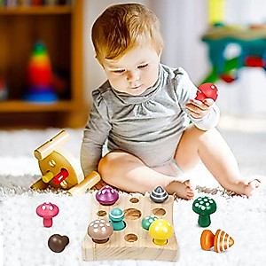 NAODONGLI Wooden Montessori Toys for Toddler,Educational Toys for 3 Year Old,STEM Toys Mushroom Harvest Game,Learing Shape Sorting & Number Matching,First Birthday Gifts for Kids Boys Girls