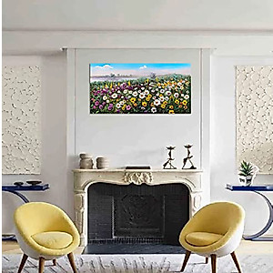 Arjun Flowers Canvas Wall Art Landscape Painting, Modern Spring Nature Wildflowers Daisy Floral Picture Artwork Large Framed for Bedroom Living Room Bathroom Home Office Wall Décor, 40"x20" One Panel