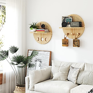 LUPWNEKA Rattan Circle Shelf Set of 2, Natural Wood Shelves Wall Mount, Boho Nursery Floating Shelves with Wooden Hooks, Rustic Decorative Shelves for Clothes Hats, Kitchen, Bathroom, Living Room