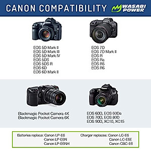 Wasabi Power LP-E6, LP-E6N Battery (2-Pack) for Canon EOS 5D Mark II/III/IV, 5DS, 5DS R, 6D, 6D Mark II, 7D, 7D Mark II, 70D, 80D, 90D, R, R5, R5C, R6, Ra, XC10, XC15, BMPCC 4K, BMPCC 6K