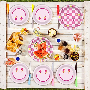 200Pcs Preppy Party Supplies Pink Smile Face Paper Plates Napkins Preppy Smile Face Party Tableware Set Preppy Smile Face Dinnerware for Birthday Party Bachelor Baby Shower Decoration Serve 50