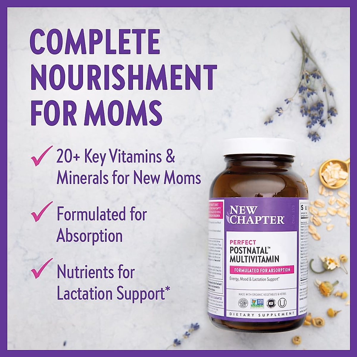 New Chapter, Postnatal Vitamins Lactation Supplement, Complete Multivitamin with Fermented Vitamin D3 + B Vitamins, Made with Organic Vegetables & Herbs, Non-GMO Ingredients, 192 Count