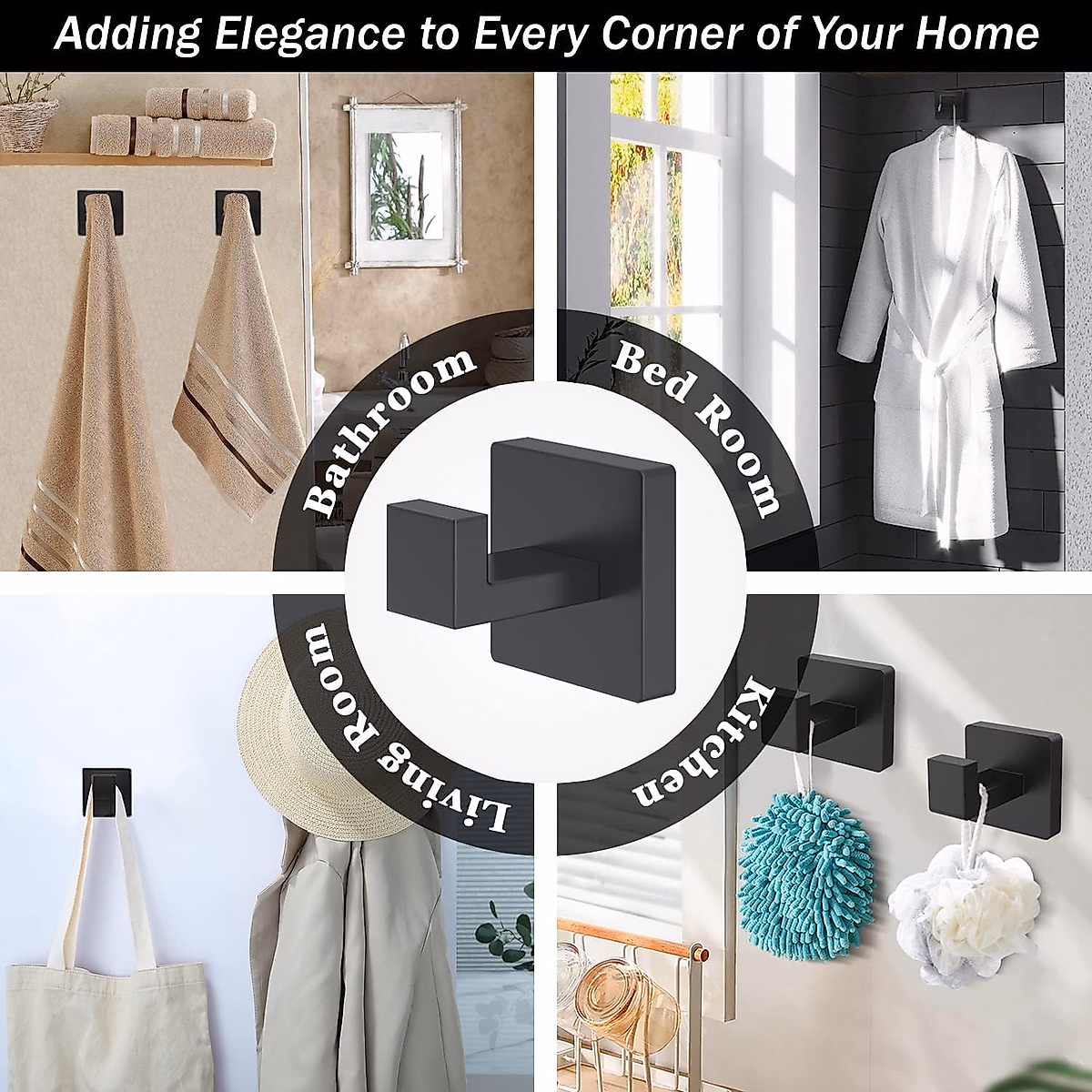 RiXY PREMIUM Matte Black Towel Hooks for Bathroom - Stylish Bath Hooks for Towels - Heavy Duty Bathroom Hooks for Hanging Towels Robes Coats - Pack of 4 Stainless Steel 304 Coat Hooks