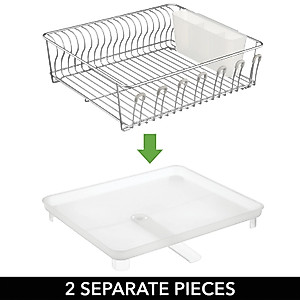 mDesign Alloy Steel Sink Dish Drying Rack Holder with Plastic Swivel Spout Drainboard Tray - Dish Rack/Dish Drainer Storage Organizer for Kitchen Counter - Concerto Collection, Chrome/Clear