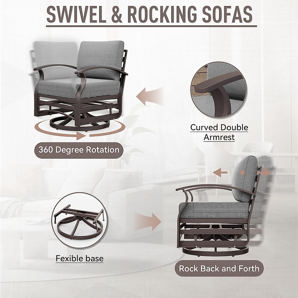 Knnbxa Aluminum Patio Furniture Set 8-Seat Metal Modular Outdoor Patio Conversation Sectional w/Swivel & Rocking Sofas and Coffee Table for Deck,Backyard,Lawn,Grey