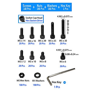 iexcell 540 Pcs M5 x 6/8/10/12/14/16/20/25/30 Alloy Steel 12.9 Grade Hex Socket Head Cap Screws Bolts Hex Nuts Washers Assortment Kit, Black Oxide Finish