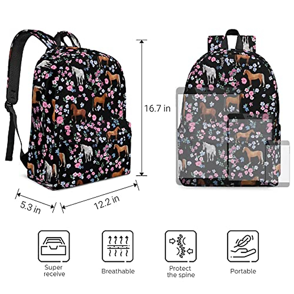 Horse Backpacks for Girls, 17 Inch School Backpack, Lightweight Bookbags for Girls, Large Capacity Book Bags for Kids, Casual Daypack with 15 Inch Laptop Compartment for College, Office or Travel