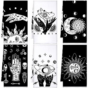 Bencailor 6 Pcs Skull Kitchen Towels Teal Turquoise Dish Hand Towels Farmhouse Cow Cat Gothic Witchy Moon Tea Washcloth for Spring Summer Kitchen Decor Home 24 x 16''(White Black,Witchy)