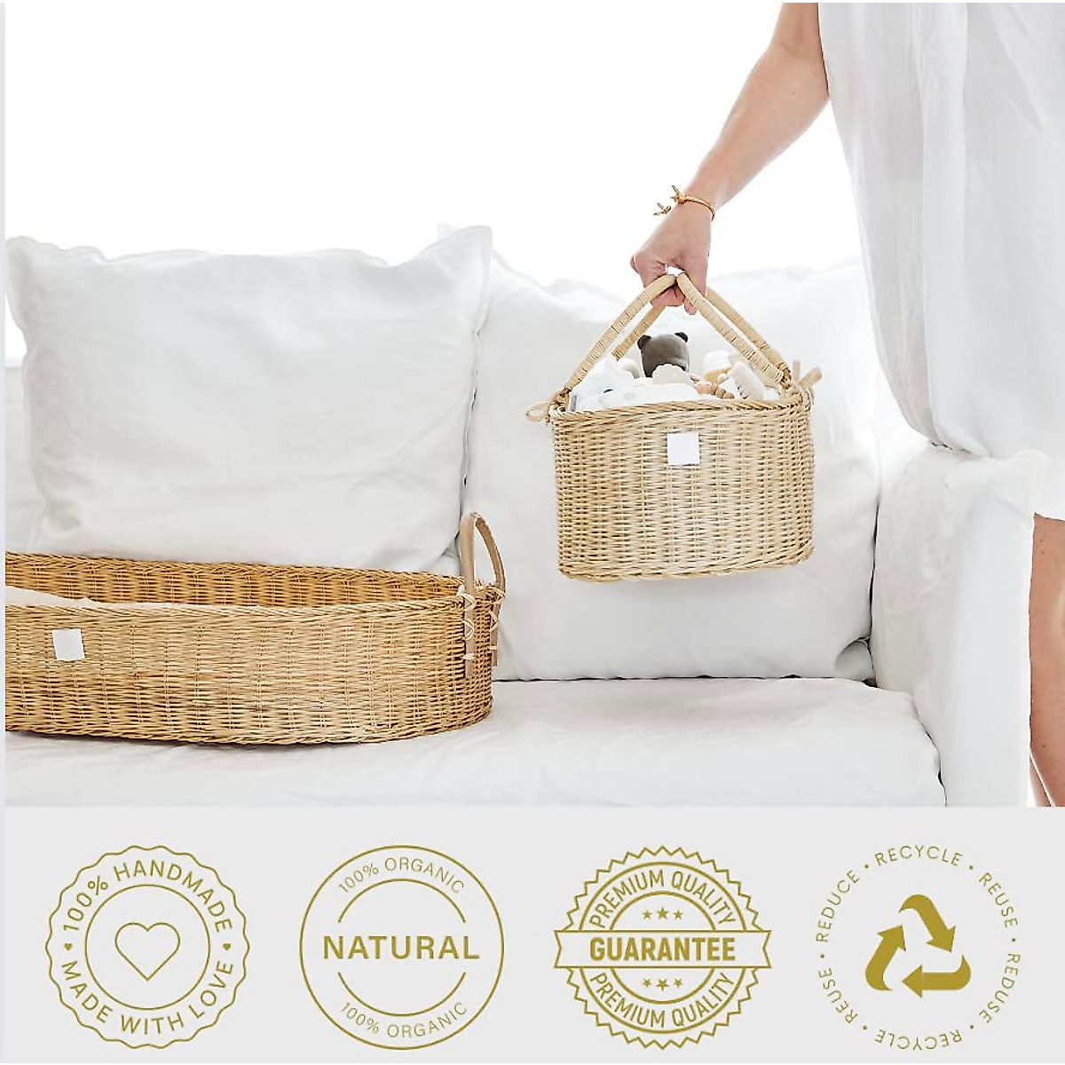 BEBE BASK Premium Nursery Bundle - Matching Baby Changing Basket & Baby Diaper Caddy Organizer - Handmade & Organic