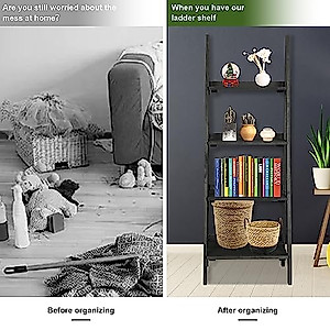 Babion Ladder Shelf Bookcase, 4-Tier Wooden Freestanding Plant Shelf Bookshelf Display Shelf, for Office, Balcony, Living Room - Black