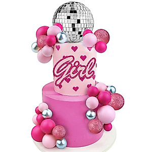 32 PCS Hot Pink Girl Cake Topper Disco Girl Ball Cake Decoration for Wedding Birthday Baby Shower Girl Theme Party Cake Decoration Supplies