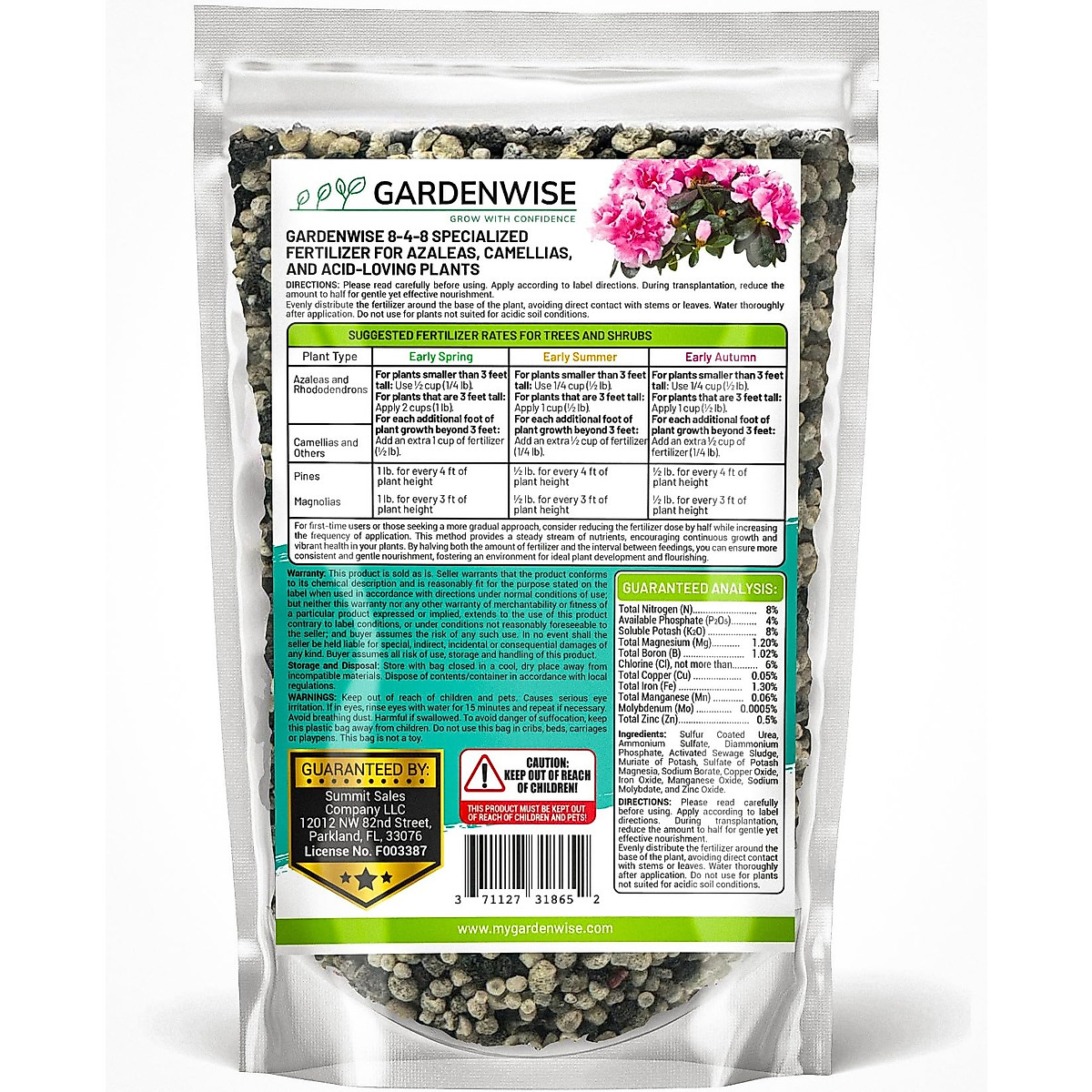 GARDENWISE 8-4-8 Acidic Fertilizer for Azaleas, Camellias (Camelia), Hydrangeas, Blueberries, Gardenias, Magnolia Trees, Evergreens, and Rhododendrons - Ideal Iron-Rich Plant Food (12 OZ)