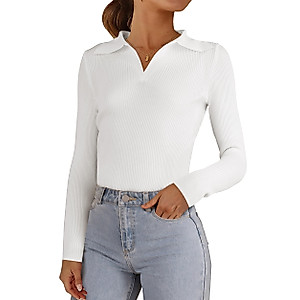 ANRABESS Women's 2024 Fall V Neck Shirts Long Sleeve Ribbed Knit Sweater Lapel Slim Fitted Casual Basic Tee Tops White Small