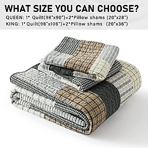 PERHOM Quilt Queen Size - 100% Cotton Farmhouse Rustic Queen Quilt Set, Cabin Bedding Set Bedspreads, Lodge Lightweight Patchwork Plaid Quilted Comforter for Queen Bed, Grey/Brown/Beige