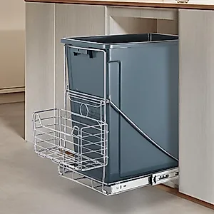 Pull Out Trash Can with Removable Metal Basket, Stainless Steel Kitchen Adjustable Trash Slide Out Shelf, Cabinet Trash Can Pull Out Kit, Fit 7-11 Gallon Garbage Can (Trash Can Not Included, Silver)