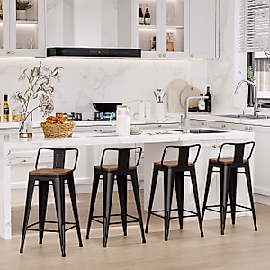 Changjie Furniture 26 Inch Bar Stools Set of 4 Industrial Metal Barstools Counter Height Bar Stool with Backs for Home Kitchen (26 inch, Black)