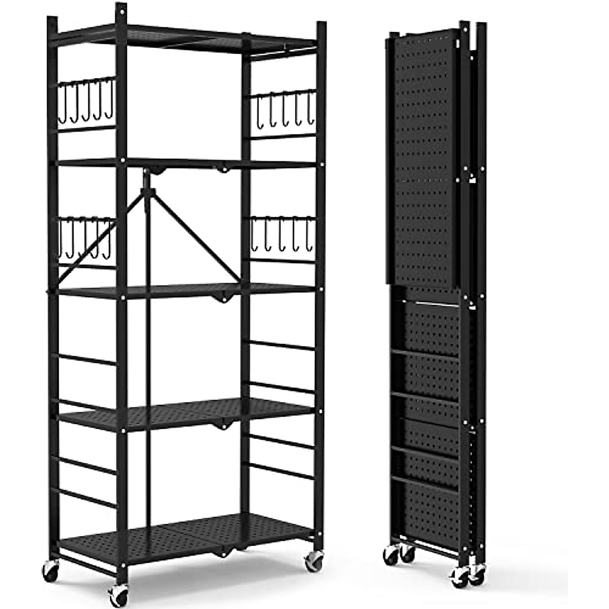 Himix Storage Shelves with 20 Hooks, 5-Tier Collapsible Organization Storage Rack Bookshelf Folding Pantry Shelves Cube Shelf Wire Shelving Holds 440 Ibs for Garage Kitchen Room