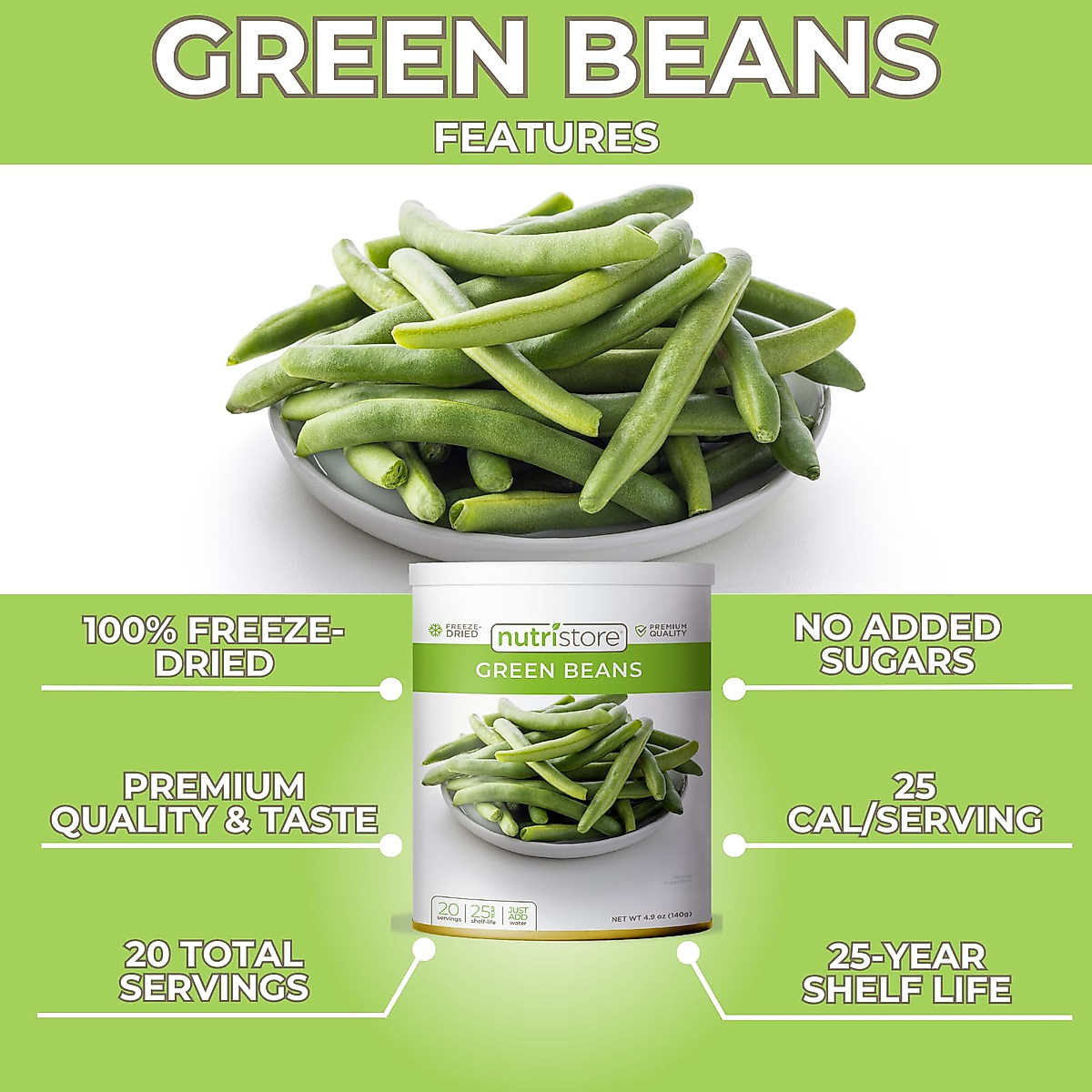 Nutristore Freeze Dried Green Beans | Vegetables for Healthy Snack or Long Term Storage | Emergency Survival Canned Food Supply | Bulk #10 Can Veggies | 25 Year Shelf Life | 20 Servings