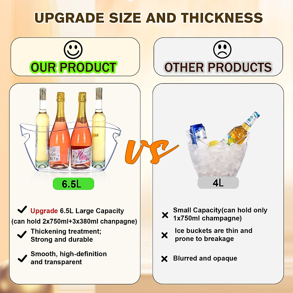 Ice Buckets for Parties, 6.5L Beverage Tub 2pcs Large Mimosa Bar Clear Acrylic Champagne Bucket with Scoops, Drink Bucket Tub for Cocktail Bar, Upgraded 6.5 Liter Wine Beer Cooler Bucket Kit