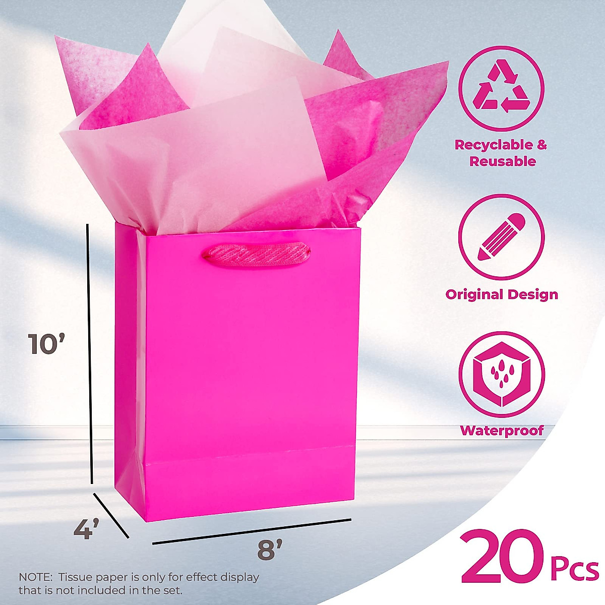 UnicoPak Hot Pink Gift Bags Medium Size 8x4x10 20Pcs, Glossy Finish Waterproof Paper Gift Bags with Handles, Party Bags Pink Gift Bags for Birthday, Party, Wedding, Bridal Shower, Shopping