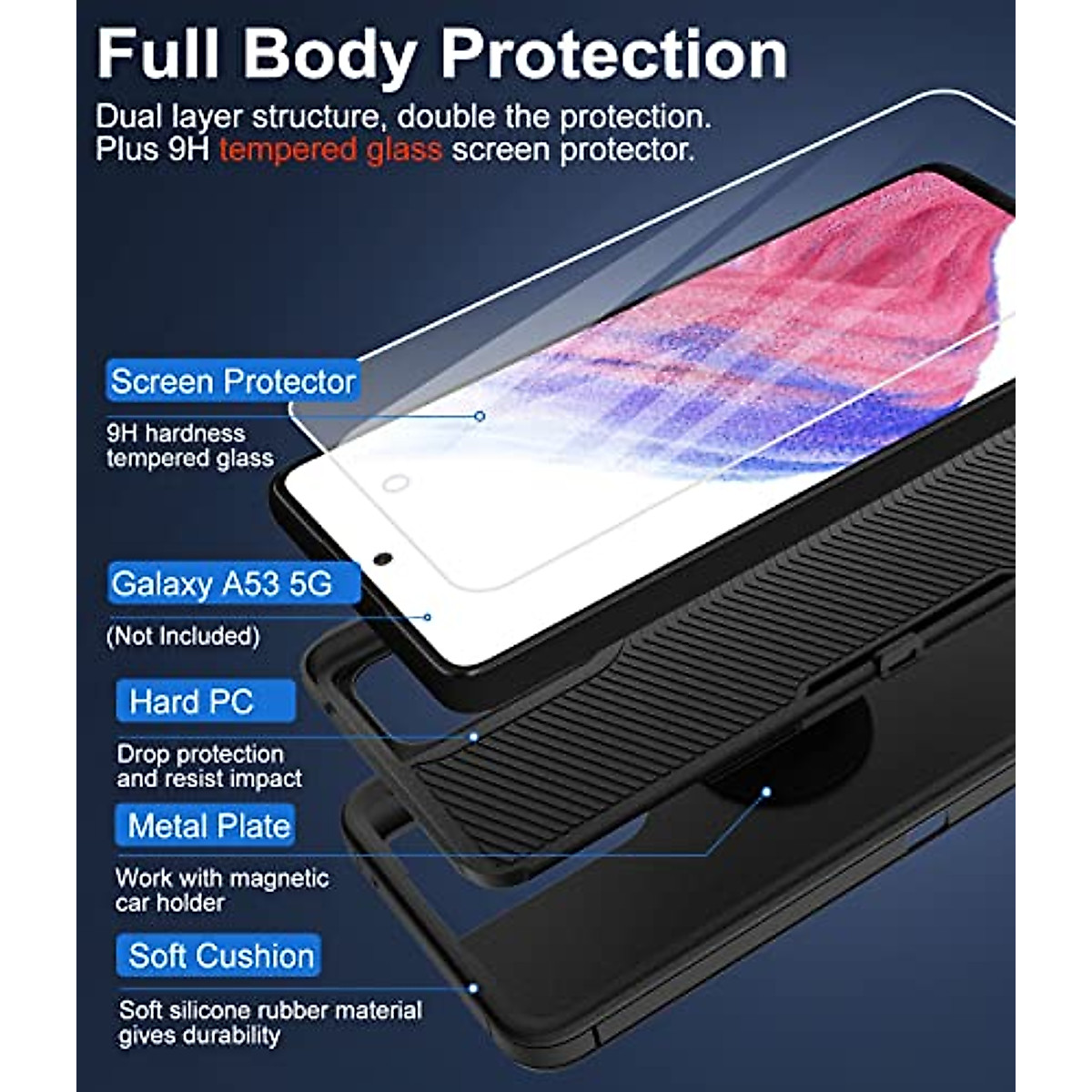 Dahkoiz for Samsung Galaxy A53 5G Case, with Tempered Glass Screen Protector and Dust-Proof Port Cover, Full Body Protection Durable Rubber Phone Case for Samsung Galaxy A53 5G UW, Black