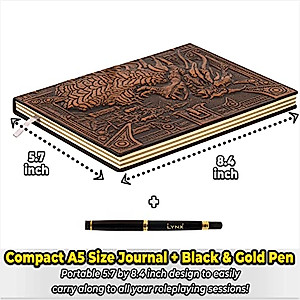 DND Notebook / Journal, Unique 200 Page Book with 3D Bronze Dragon Embossed Faux Leather Cover with Pen- Ideal for Dungeons & Dragons / D&D. Great RPG Accessories Nerdy Fantasy Gift for DM's & Players, Men or Women.