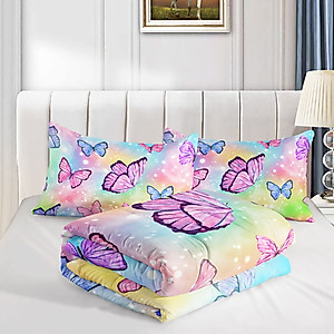 Datura home Bedding Comforter Set Rainbow Watercolor Butterfly Printed Pattern Quilt with 1 and 2 Pillowcases for Girls Bedroom All Season(Butterfly Full) Full 80x90inches