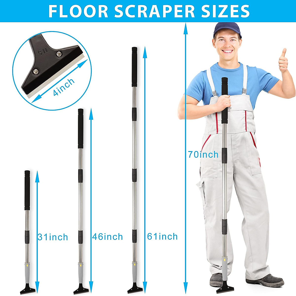 Floor Scraper, Scraper Tool Long Handle Adjustable 31" to 61" with 4-inch Razor Blade Stainless Steel Material Cleaning Glass Wall Gum Paint Tile Glue Linoleum Carpet Sturdy Durable