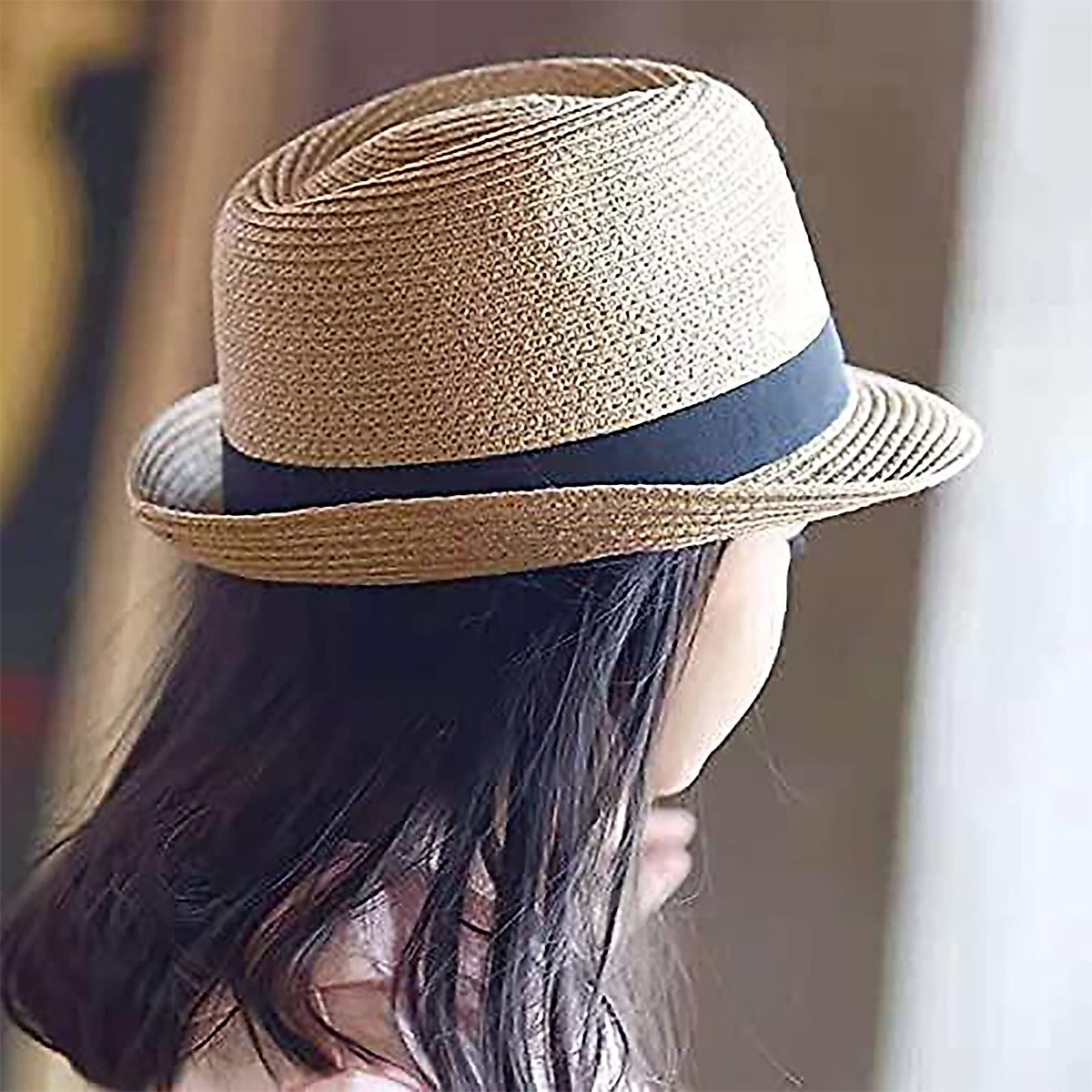 Kids Floppy Straw Sun-Hat Foldable Summer Short Brim Sun-Beach-Hat for Babyboys Girls Kahki
