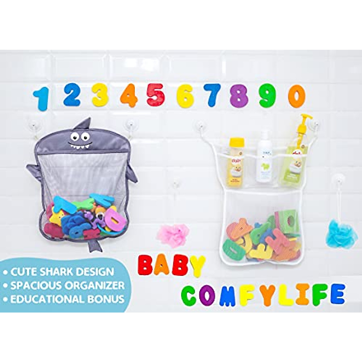 Comfylife Baby Bath Toy Organizer - Shark +36 Bath Letters & Numbers +Extra Bath Toy Storage Net & 10 Strong Hooks, Great Bath Net for Kids, Cute Bathtub Toy Organizer and Bath/Shower Caddy Solution