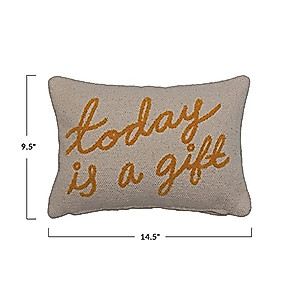 Creative Co-Op Embroidered Cotton Lumbar Today is A Gift in Script Pillow, Cream & Mustard