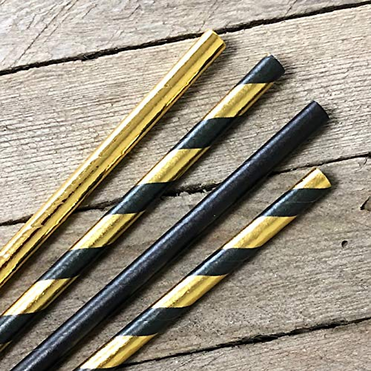 Black and Gold Foil Paper Drinking Straws - Stripe and Solid - 7.75 Inches - 100 Pack - Outside the Box Papers Brand