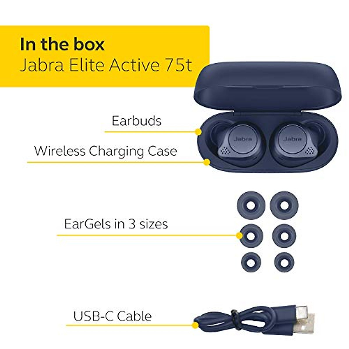 Jabra Elite Active 75t True Wireless Bluetooth, Navy – Earbuds for Running and Sport, Charging Case Included, 24 Hour Battery, Active Noise Cancelling Earbuds